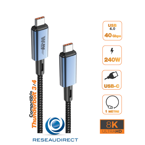 Cordon USB-C USB-C Thunderbolt 3-4 40 Gbps 240 watts longueur 1 mètre
